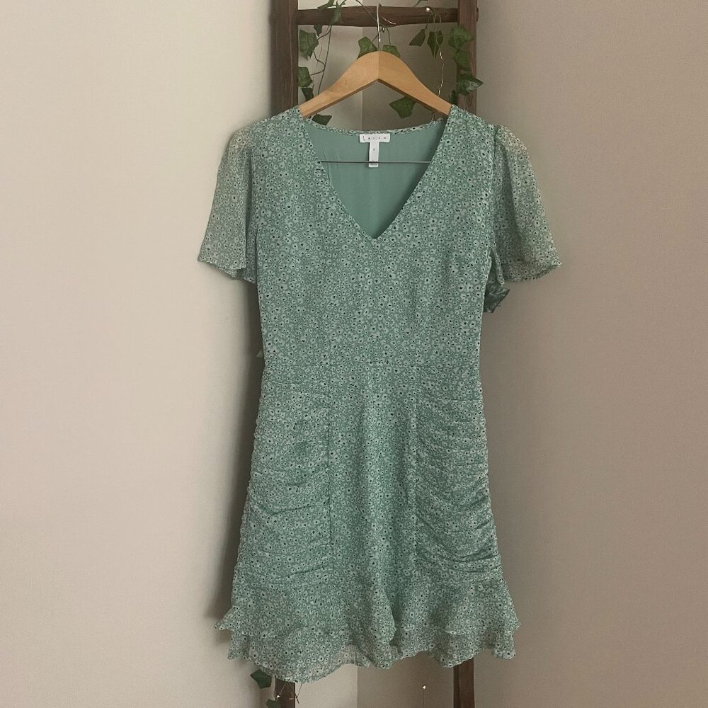 Sage Green Floral Mini Dress Ruffled Hem & Ruched Fit - Gem